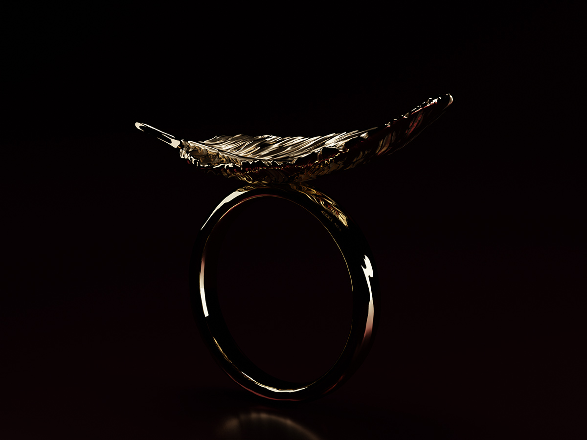Rings with a Feather. Sophisticated jewelry design. Sculpted jewellery.