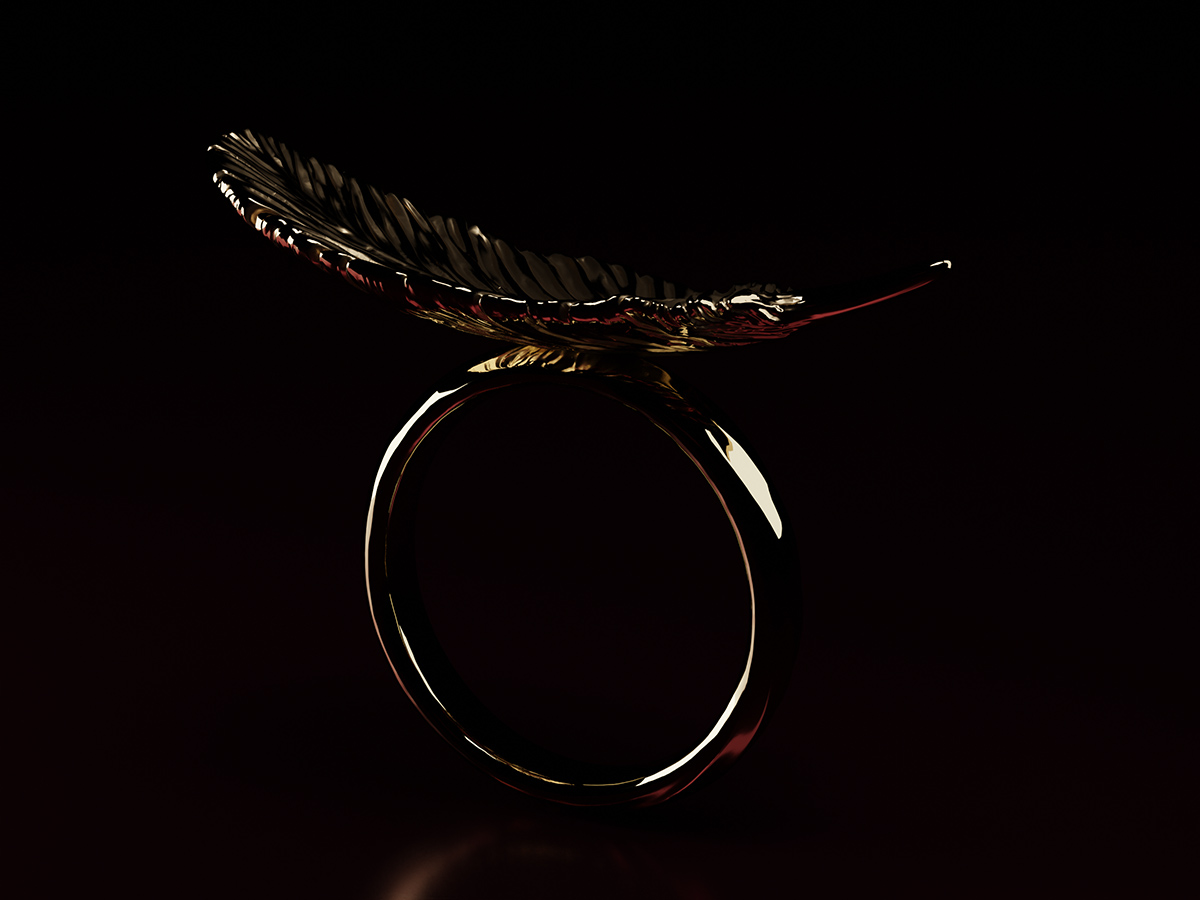 Rings with a Feather. Sophisticated jewelry design. Sculpted jewellery.