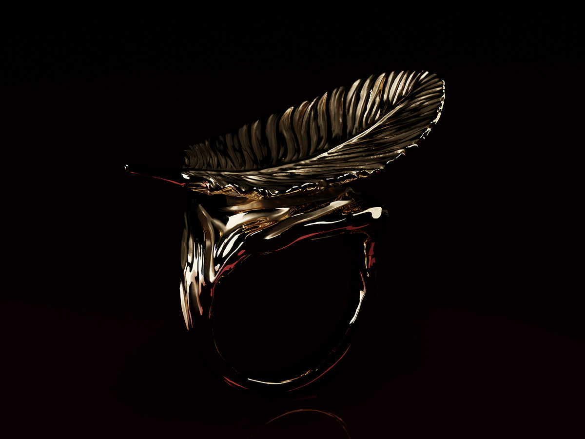 Rings with a Feather. Sophisticated jewelry design. Sculpted jewellery.