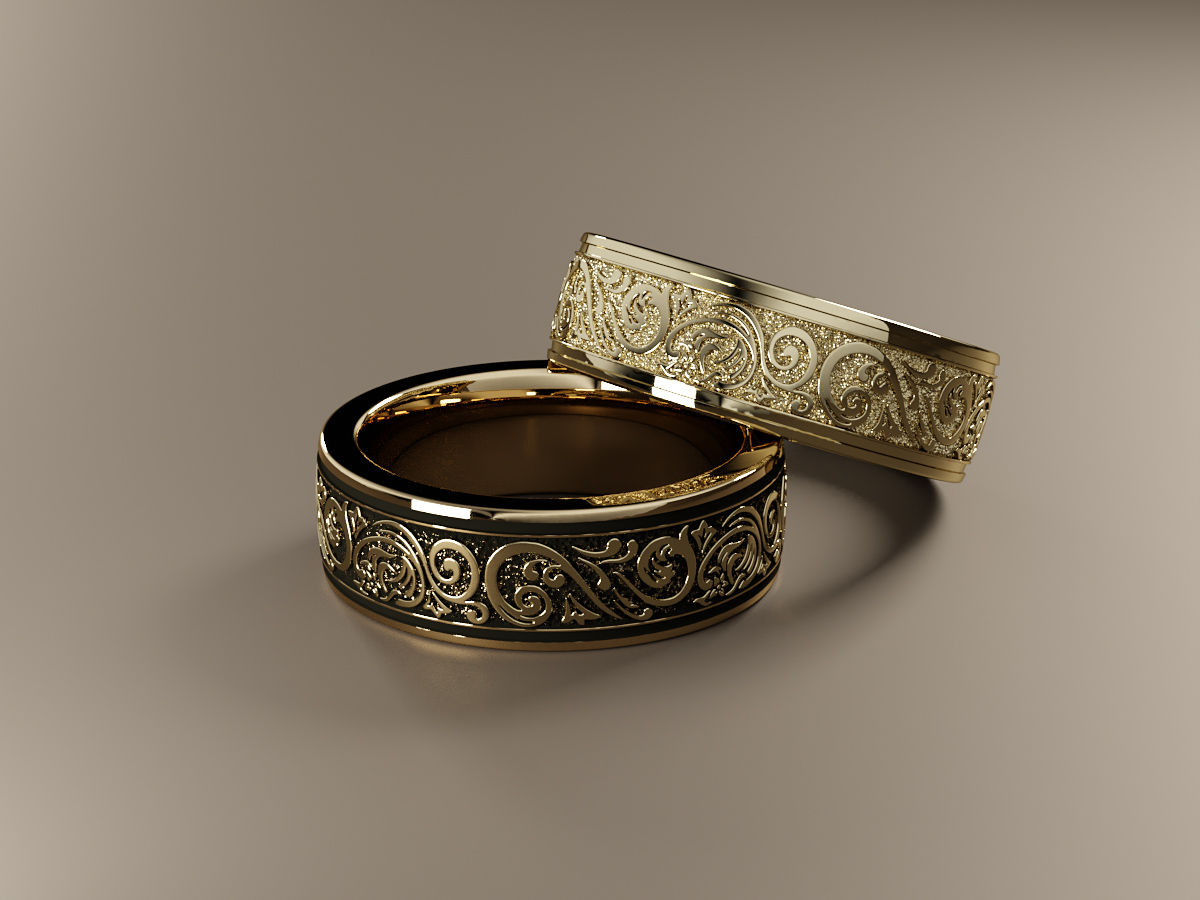 Ornamental Gold Ring with Patina and Deep Engraving. Custom Jewelry Design.